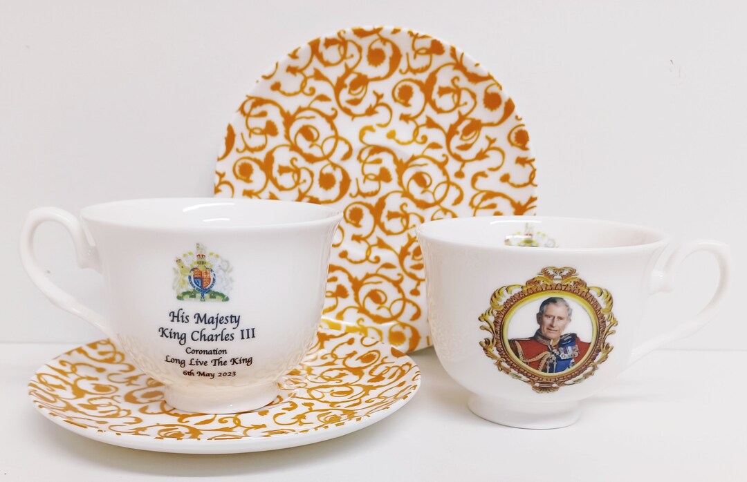 HM King Charles III Set of 2 Tea Cups & Saucers York Fine Bone China ...