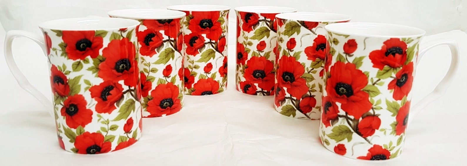 Red Poppy Mugs Set of 6 Fine Bone China Cups Hand Decorated in - Etsy UK