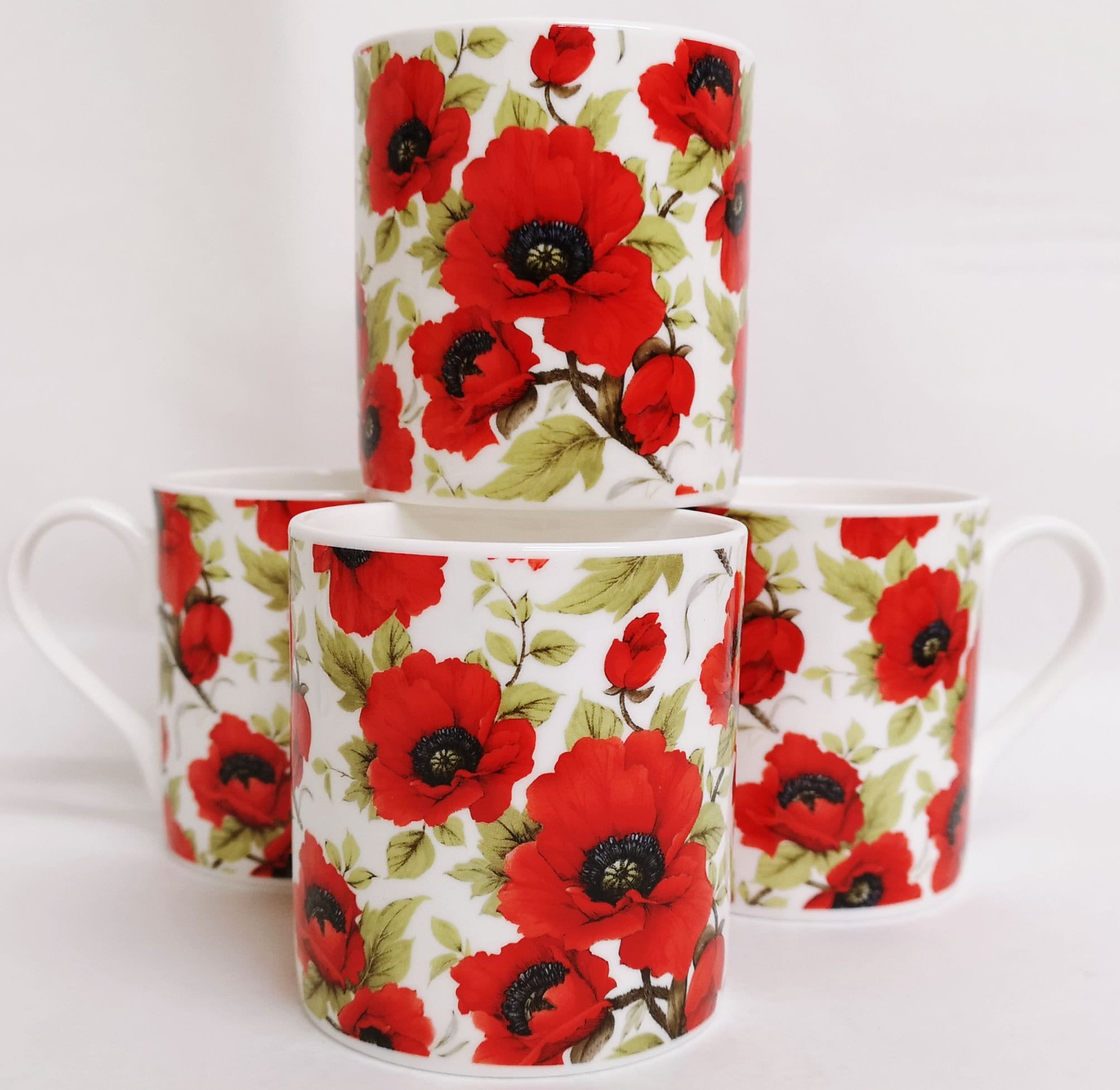 Red Poppy Mugs Set 6 Balmoral Fine Bone China Cups Hand Decorated in UK ...