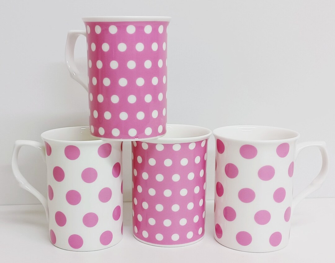 Pink Dots & Spots Mugs Set of 4 Fine Bone China 300 Ml Cups Hand ...