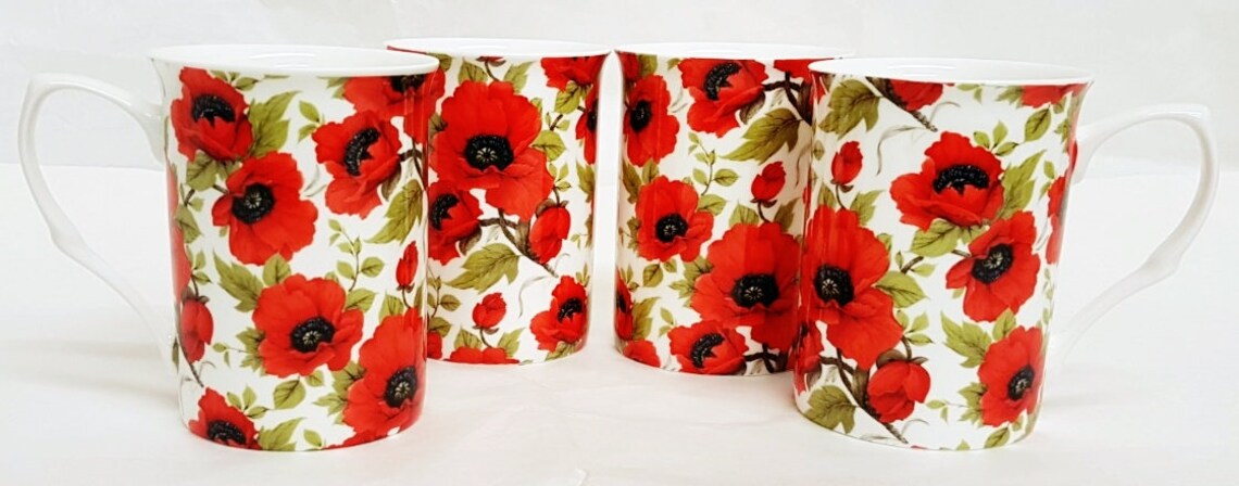 Red Poppy Mugs Set of 4 Fine Bone China Cups Hand Decorated in UK - Etsy