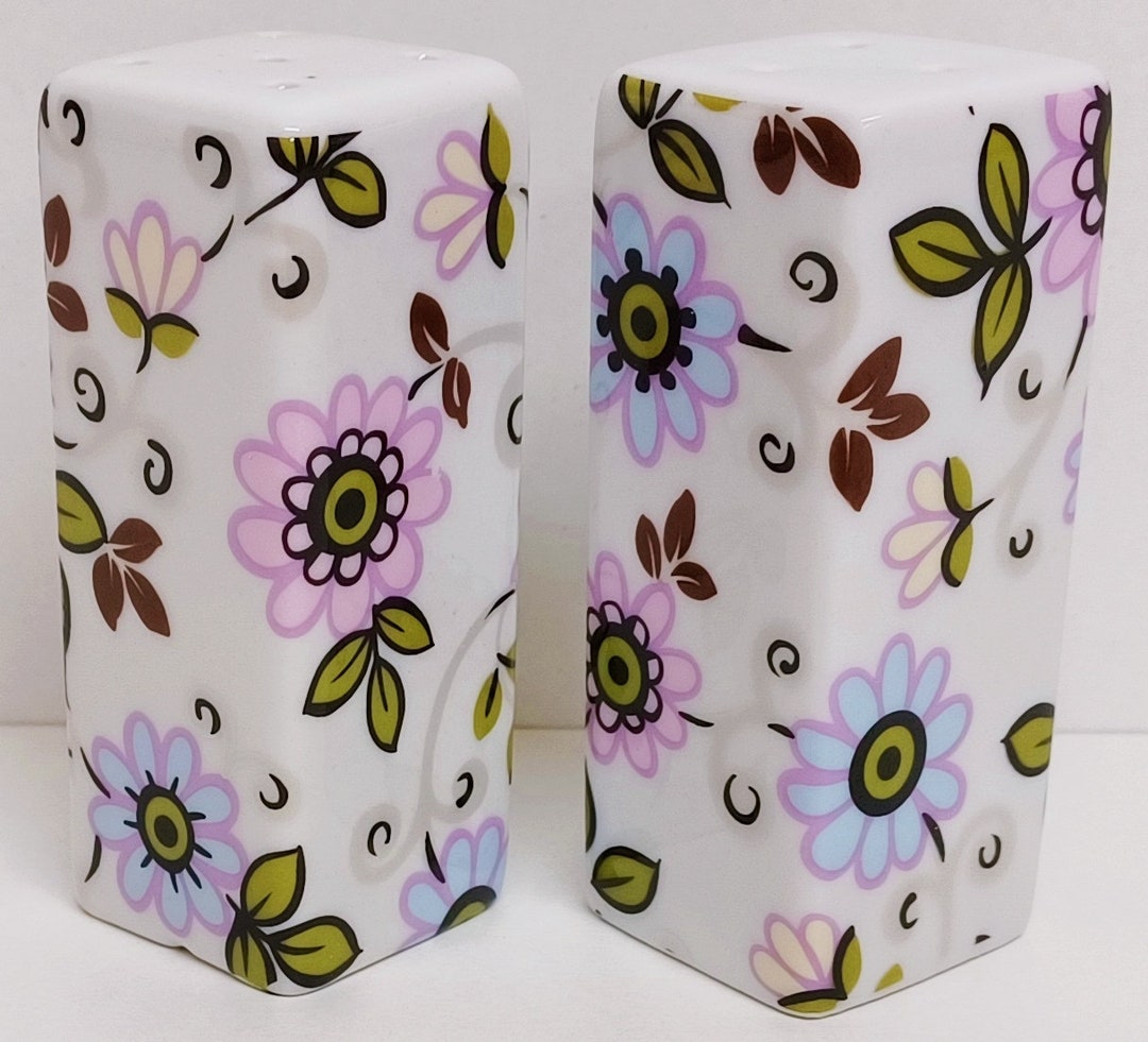 Paradise Salt & Pepper Set Rectangular Porcelain Blue Pink Daisy and ...