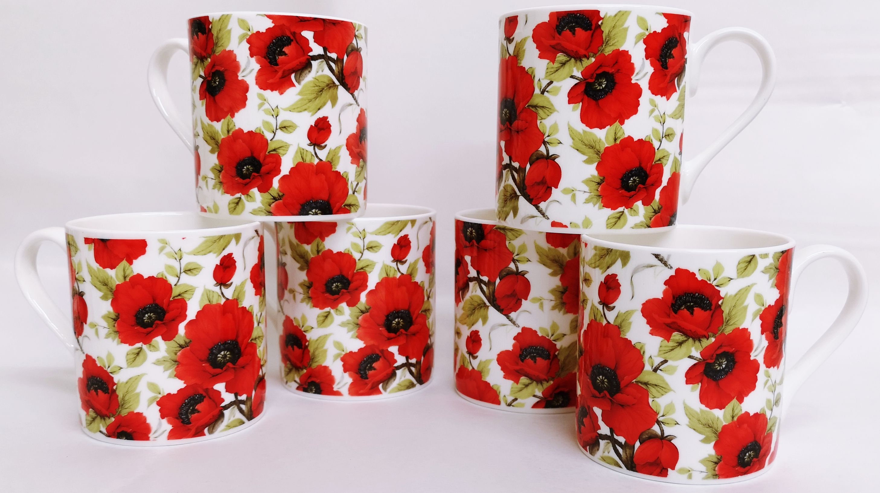 Red Poppy Mugs Set 6 Balmoral Fine Bone China Cups Hand | Etsy