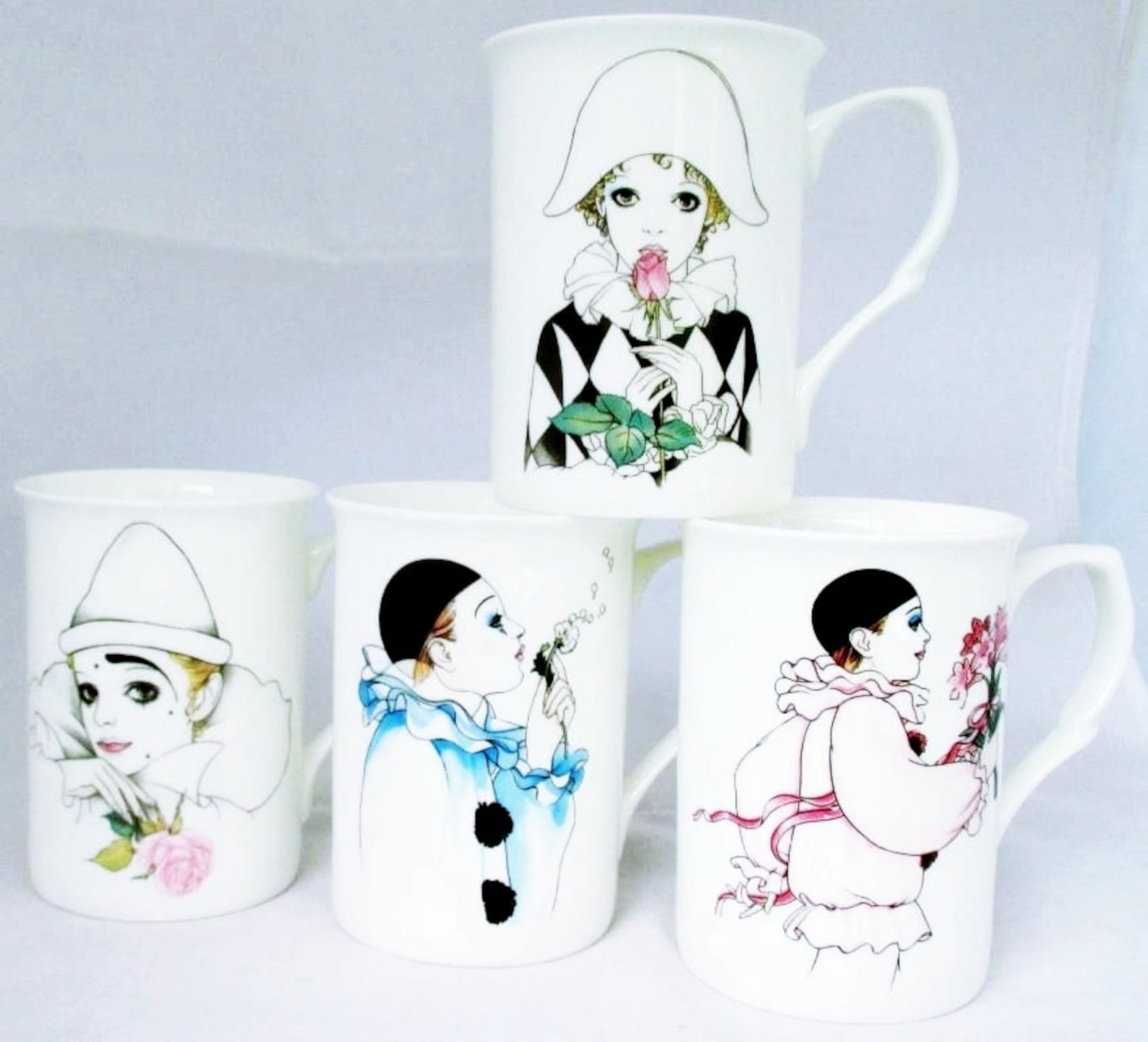 Pierrot & Harlequin 4 Mugs and 4 Coasters Matching Fine Bone - Etsy UK