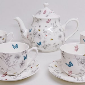 Secret Garden Tea Set Fine Bone China Large Teapot 4 Cups and 4 Saucers ...