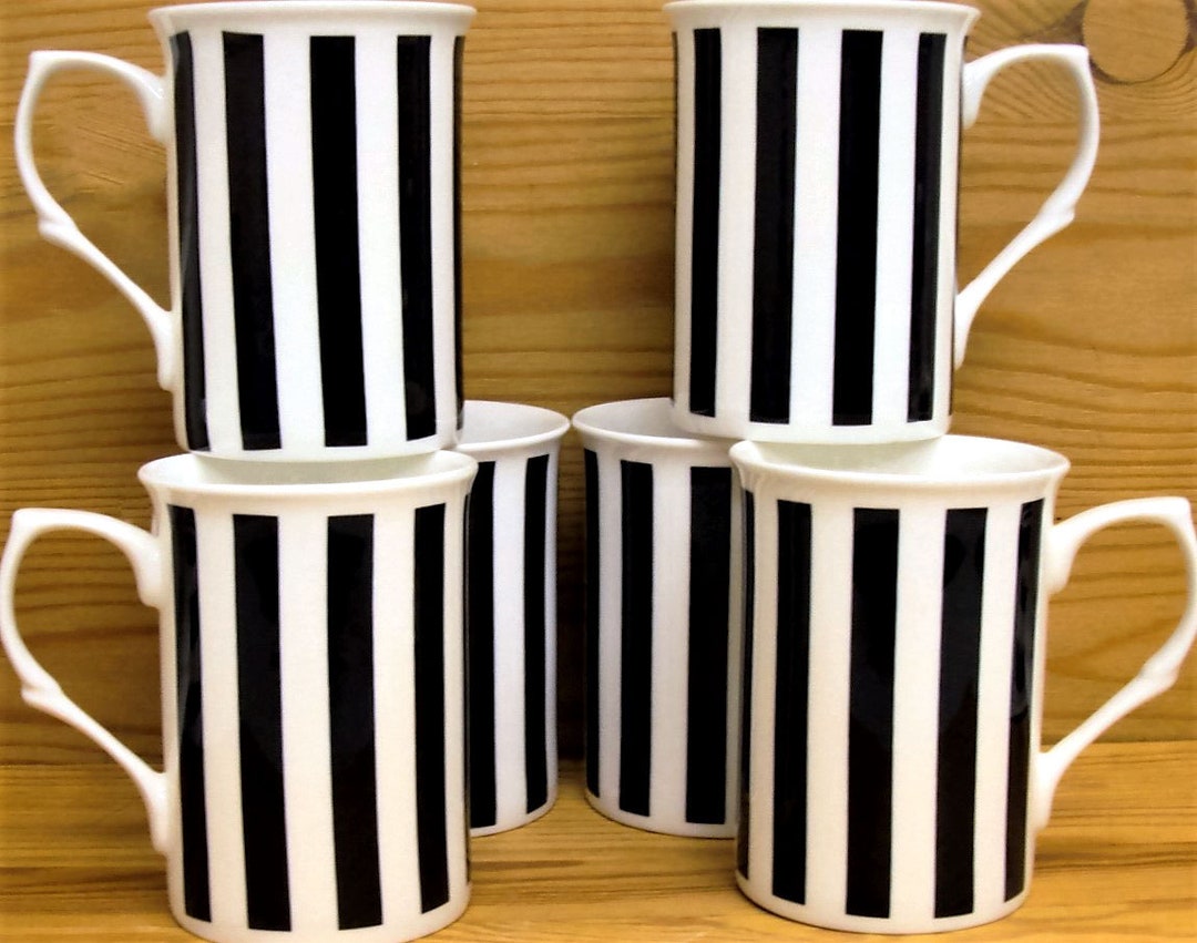 Black Vertical Lines Mugs Set 6 Fine Bone China 300 Ml Black White ...