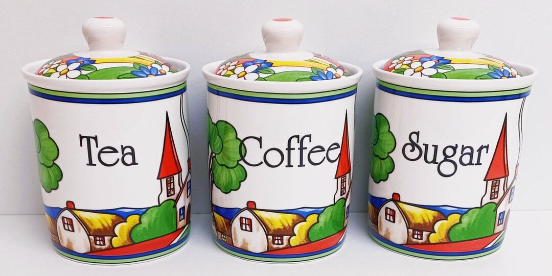 Village Art Deco Tea Coffee Sugar Canisters Fine Bone China Set 3 ...