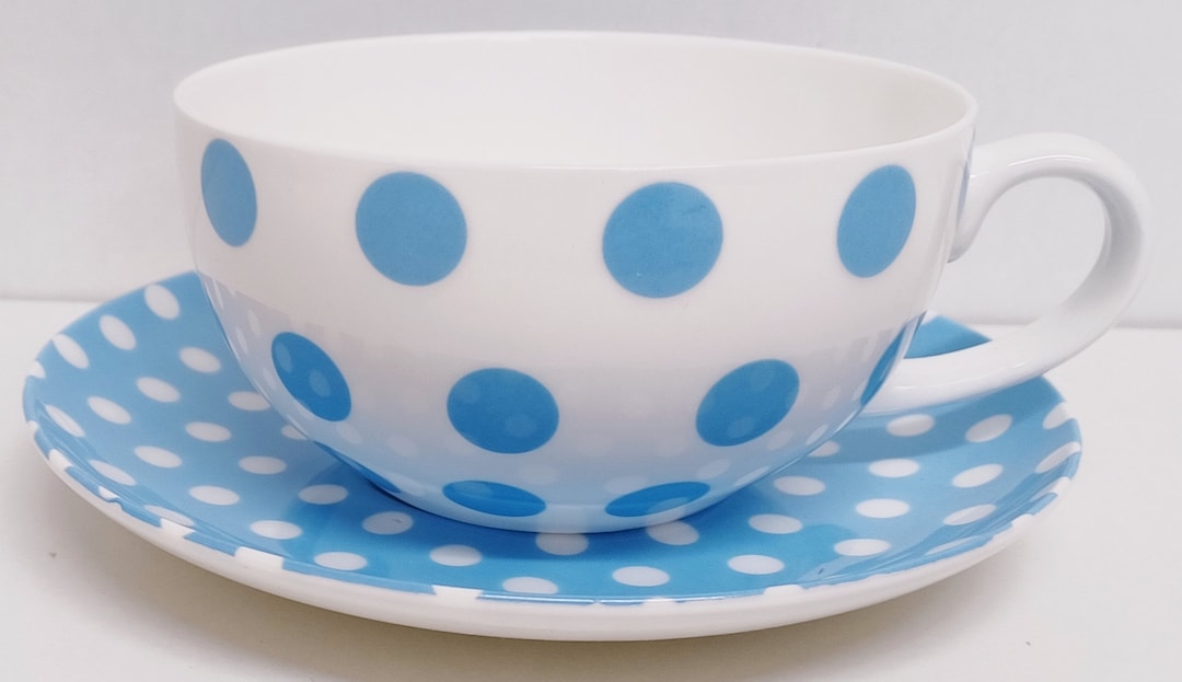 Light Blue Dots and Spots Cup and Saucer Fine Bone China 300 Ml 10 Oz ...