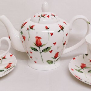 Hearts & Red Roses Tea Set for Two Fine Bone China 1 Teapot 2 Cups and ...