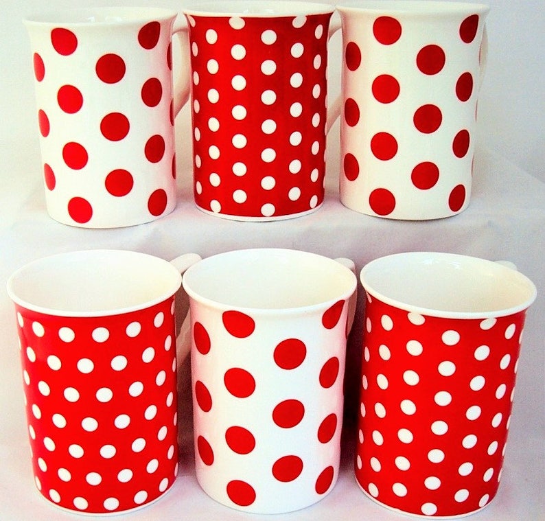 Red Dots & Spots Mugs Set of 6 Fine Bone China 300 Ml Spotty Cups Hand ...