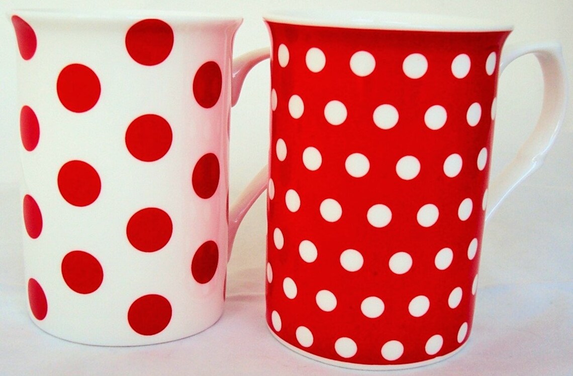Red Dots & Spots Mugs Set of 6 Fine Bone China 300 Ml Spotty Cups Hand ...