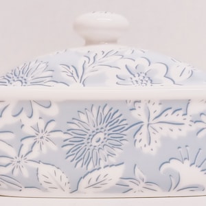 Lace Blue Butter Dish Fine Bone China Light Blue Floral Container Hand ...