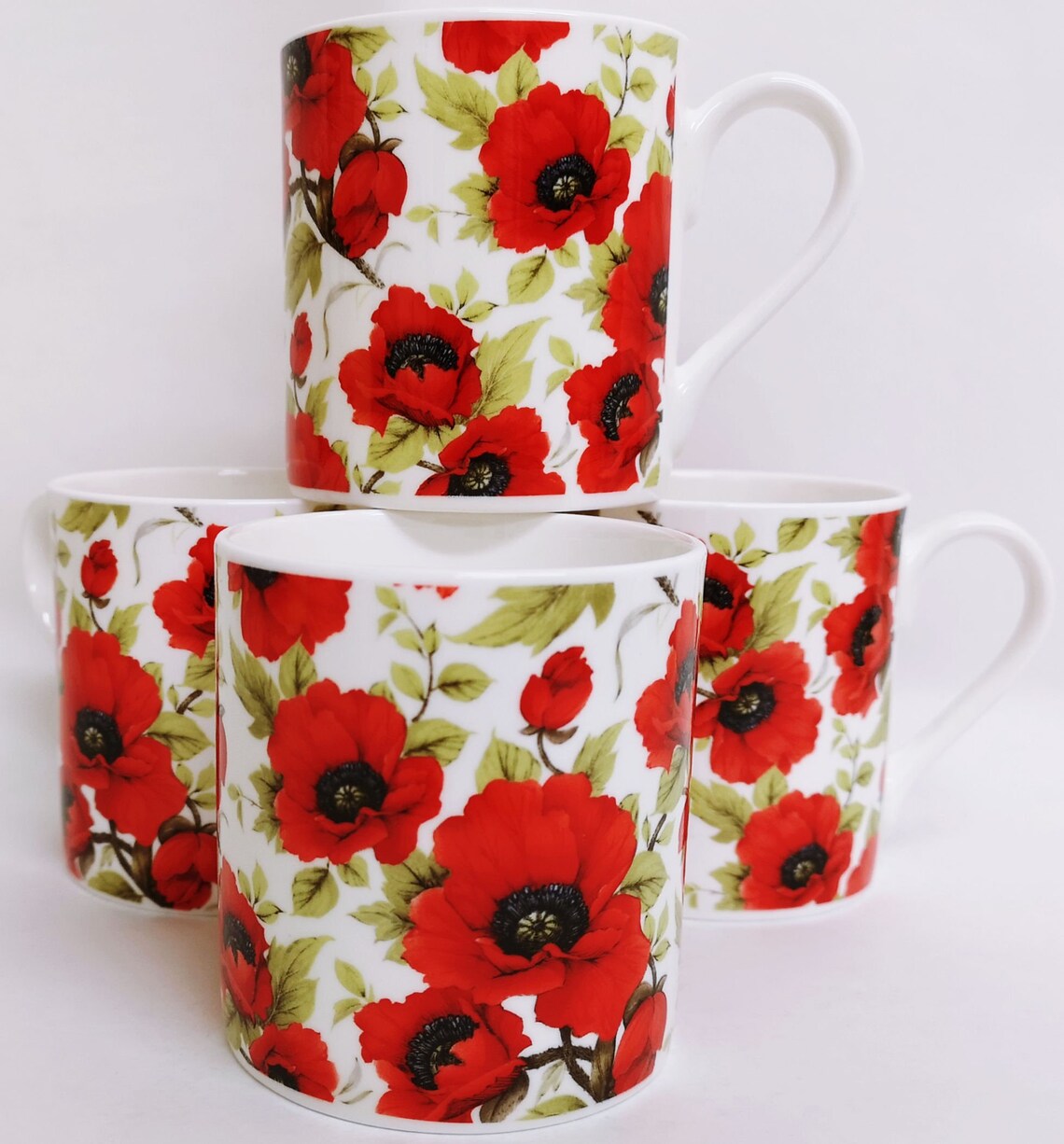 Red Poppy Mugs Set 6 Balmoral Fine Bone China Cups Hand Decorated in UK ...