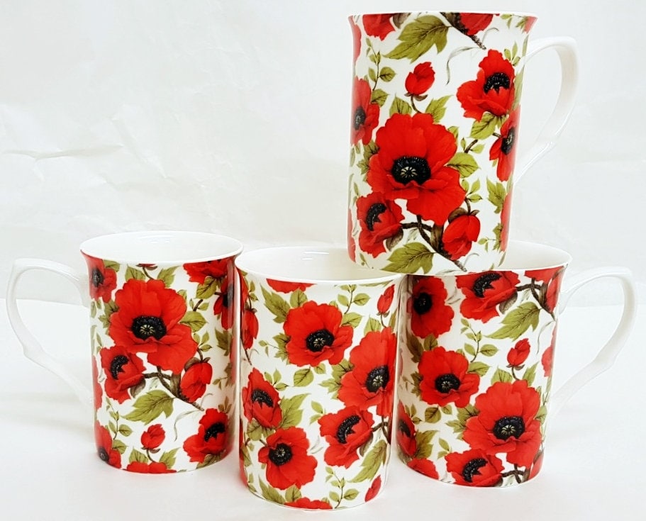 Red Poppy Mugs Set of 4 Fine Bone China Cups Hand Decorated in UK - Etsy UK