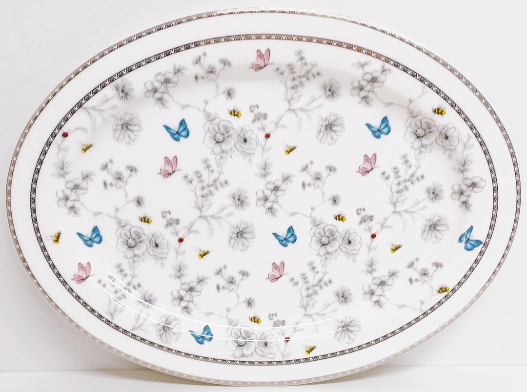Secret Garden Platter Queen Bone China 14" Oval Flowers Butterflies and ...