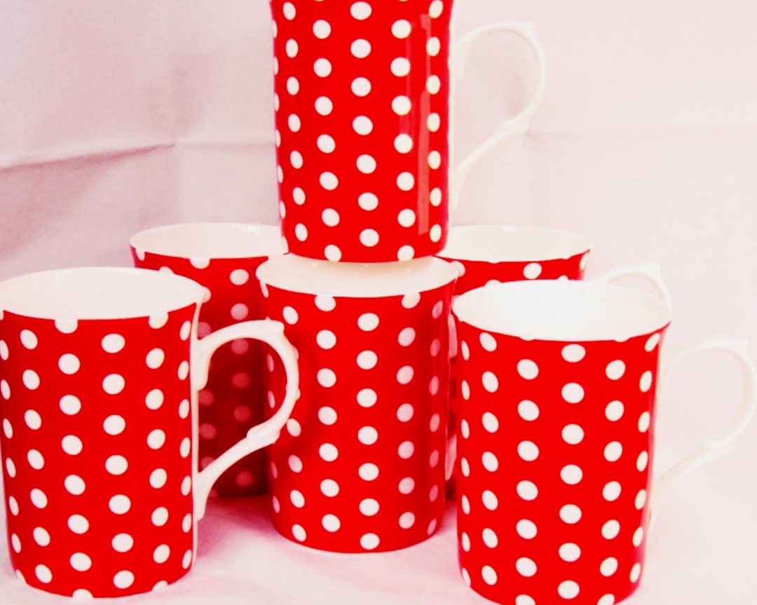 Red Dots Mugs Set of 6 Fine Bone China 300 Ml Spotty Cups Hand ...