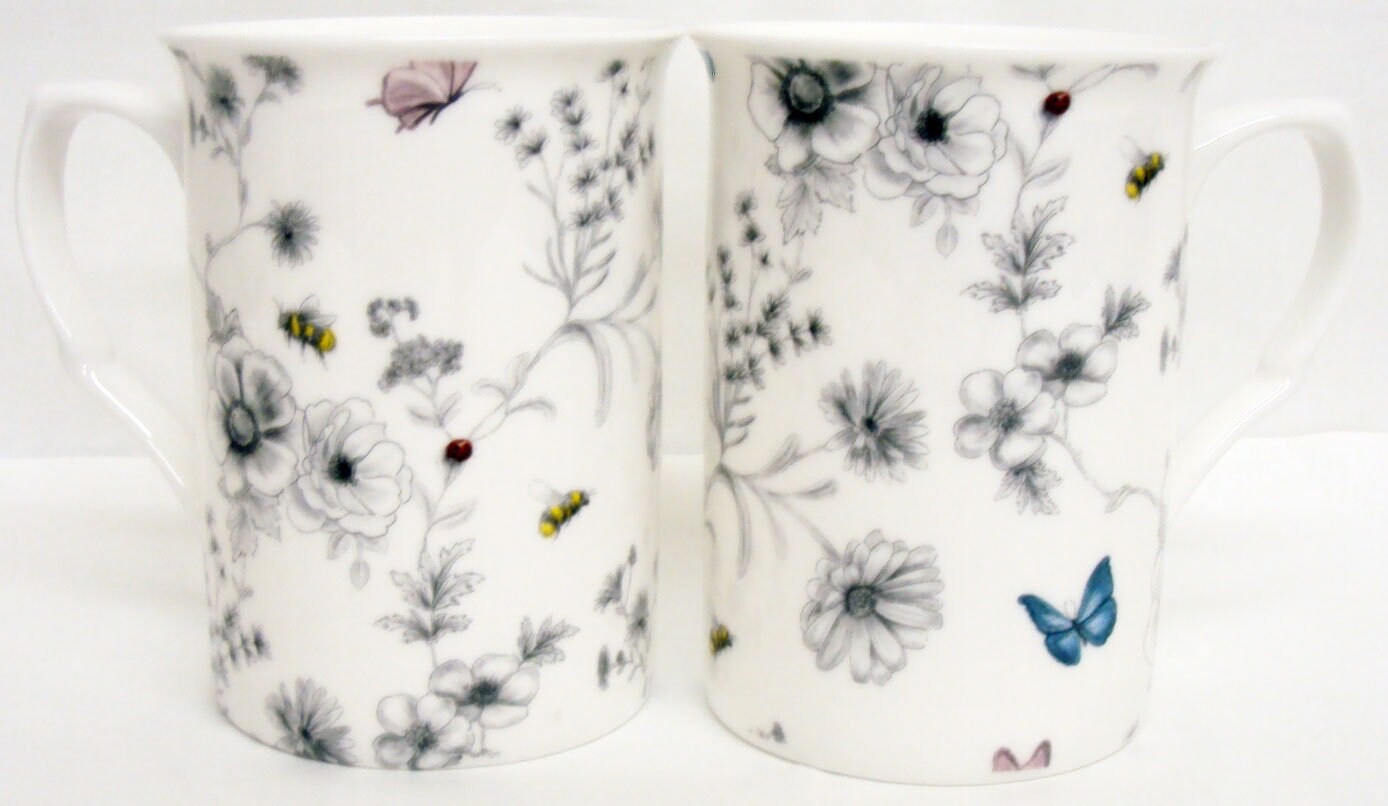 Secret Garden Mugs Set of 4 Fine Bone China 10.5oz Flowers Butterflies ...