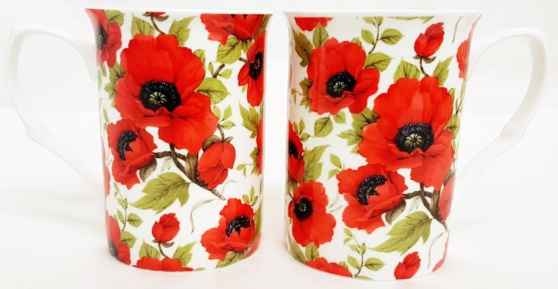 Red Poppy Mugs Set of 4 Fine Bone China Cups Hand Decorated in UK - Etsy
