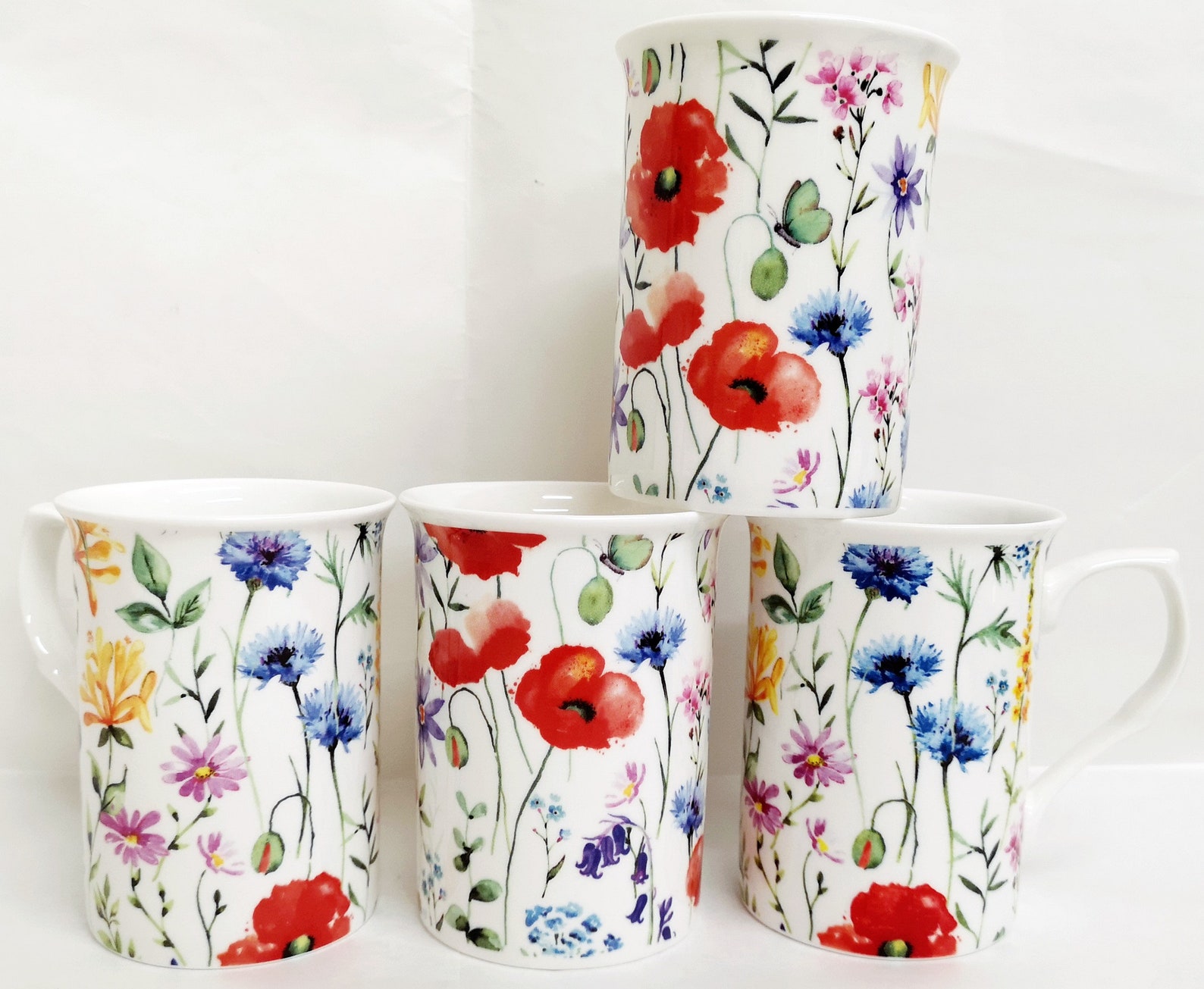 Wildflowers Meadow Mugs Set of 4 Fine Bone China Colourful Flowers Hand ...