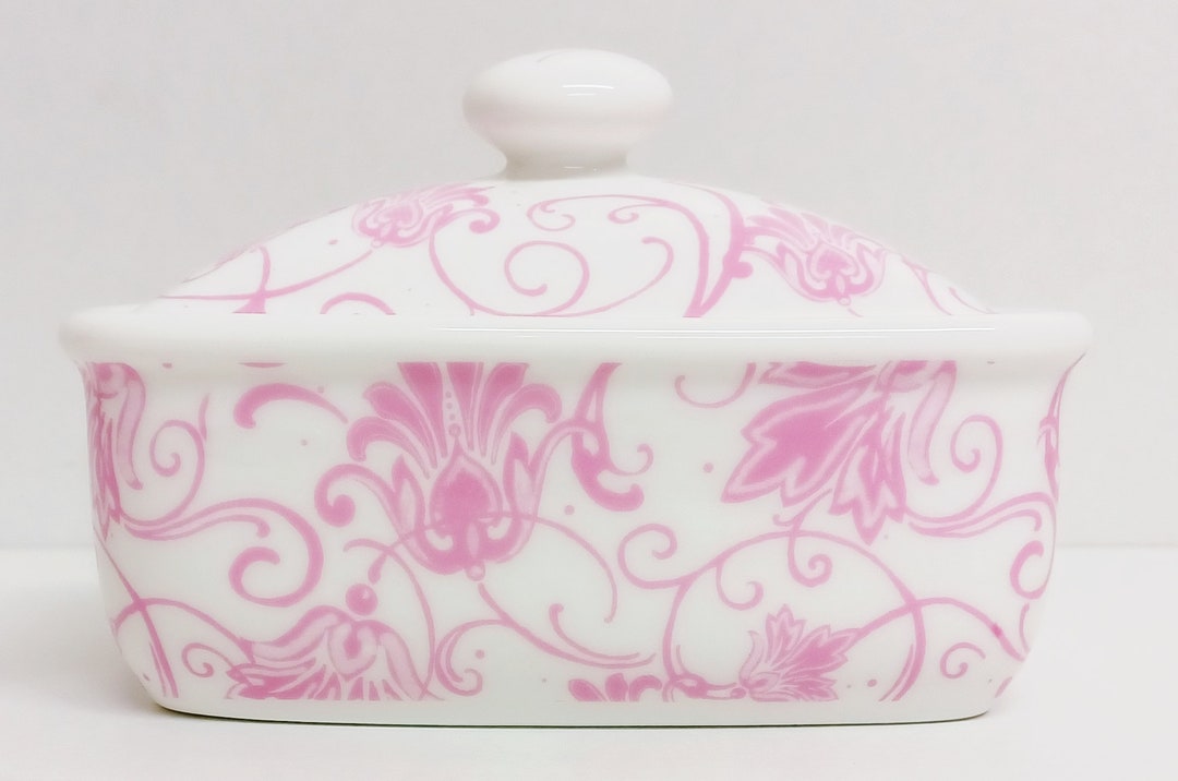 Parisian Pink Butter Dish Bone China Pink Floral Swirl Scroll Container ...