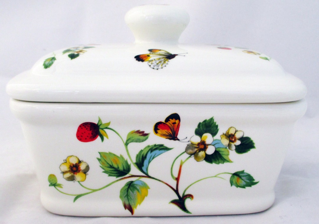 Strawberries & Butterflies Butter Dish Fine Bone China Lidded Container ...