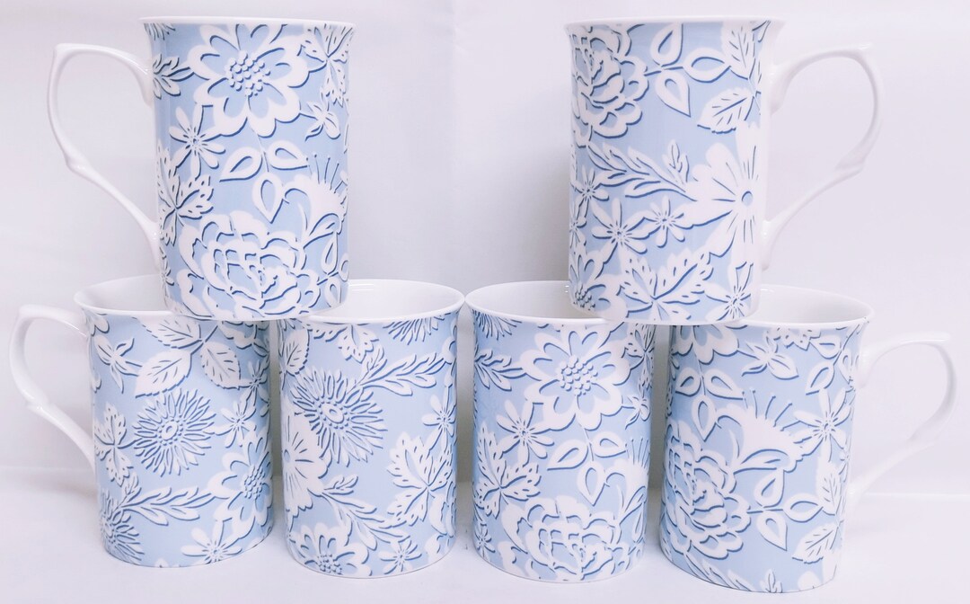 Lace Blue Mugs Set of 6 Fine Bone China Windsor Light Blue & White ...