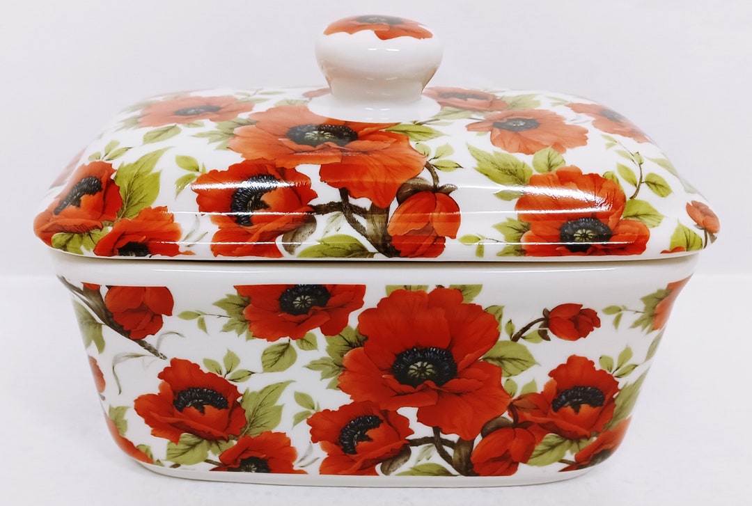 Red Poppy Butter Dish Fine Bone China Bright Poppies Floral Container ...