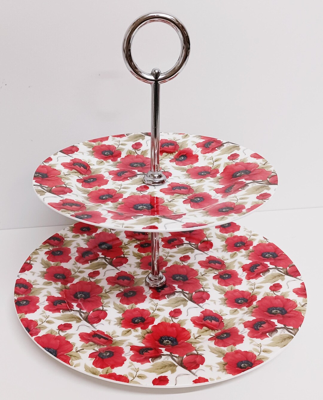 Red Poppy 2 Tier Cake Stand Fine Bone China Poppies Sandwiches Mince ...