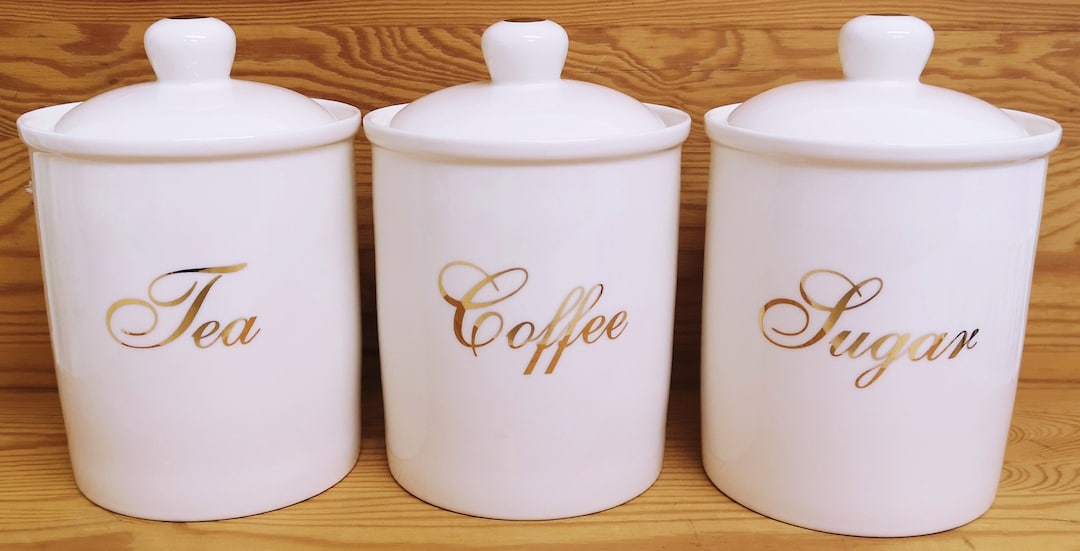 White & Gold Tea Coffee Sugar Canisters Fine Bone China Elegant and ...