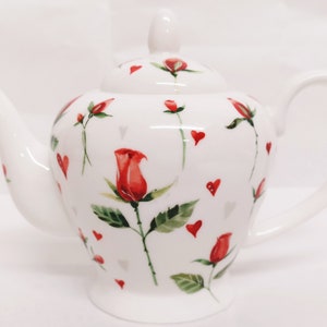 Hearts & Red Roses Tea Set for Two Fine Bone China 1 Teapot 2 Cups and ...
