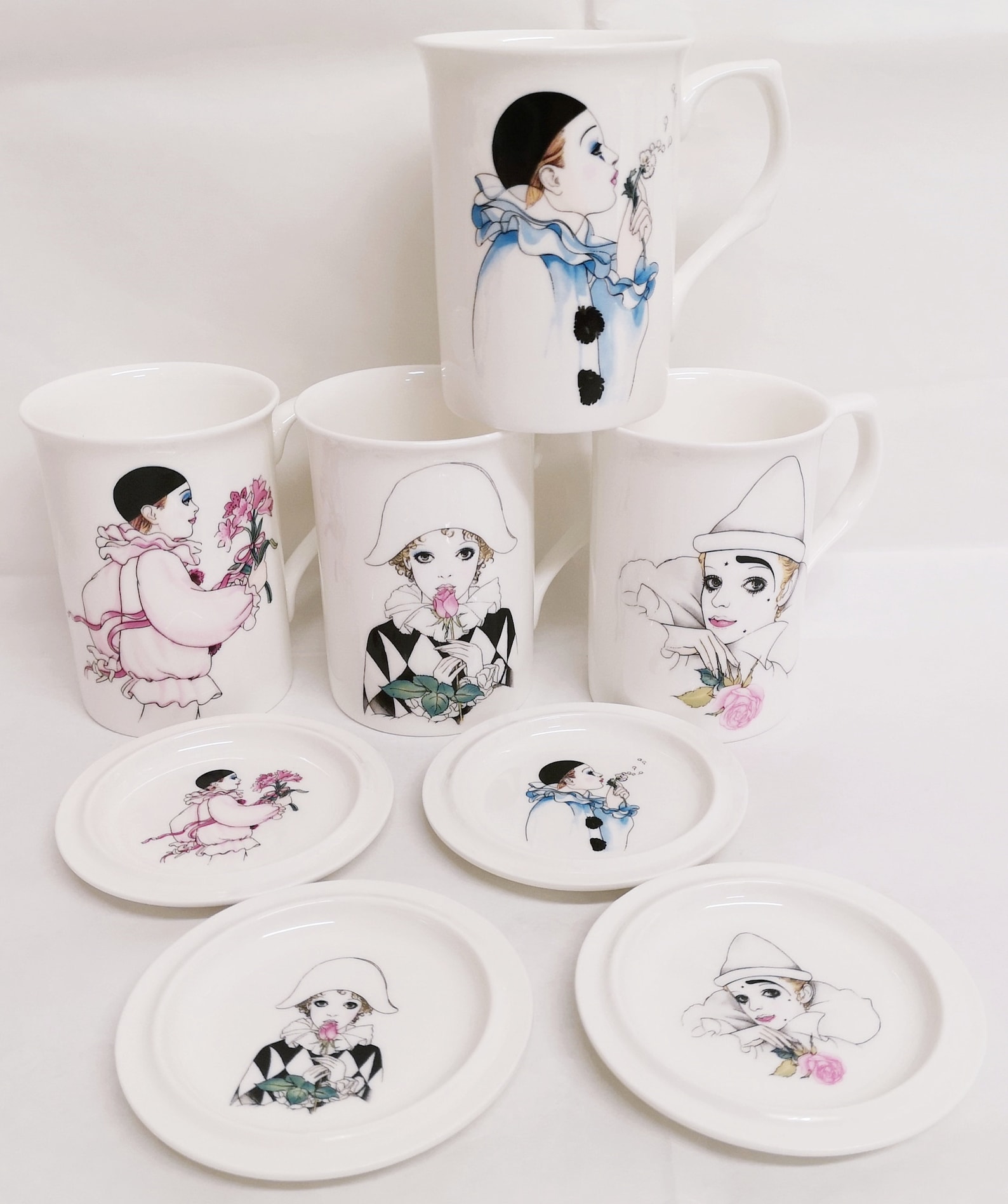 Pierrot & Harlequin 4 Mugs and 4 Coasters Matching Fine Bone - Etsy UK