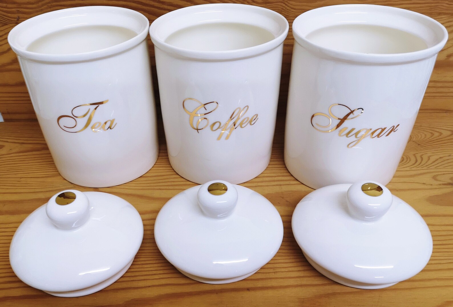 White & Gold Tea Coffee Sugar Canisters Fine Bone China Elegant and ...