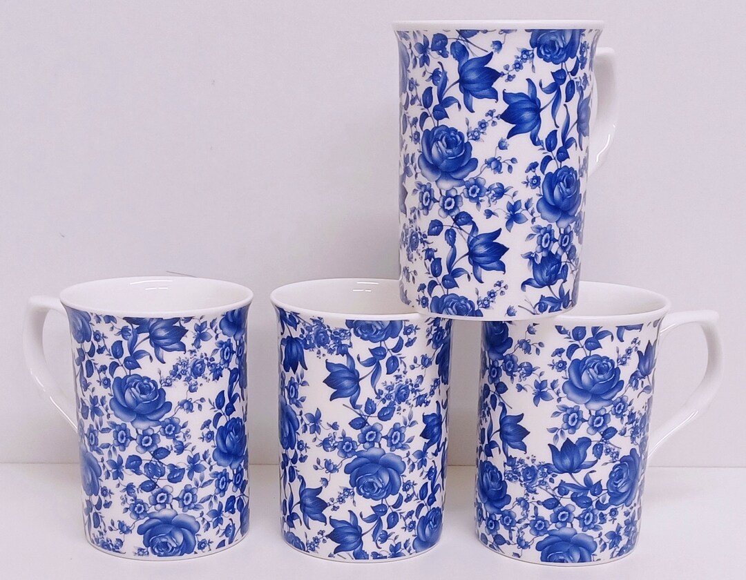 Delft Blue Mugs Set 4 Fine Bone China Blue Floral Flowers 10oz 300ml ...