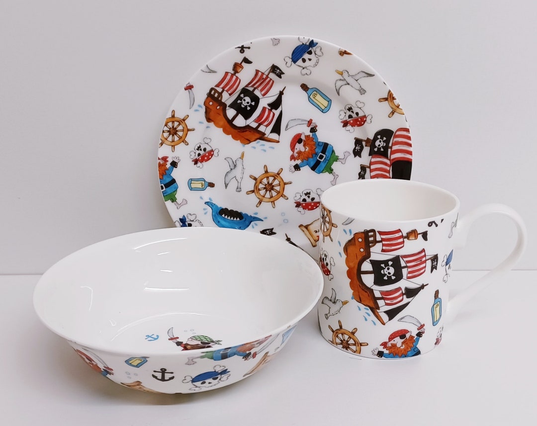 Pirates Breakfast Set 3 Piece Plate 6.7" 17 Cm Mug and Bowl Fine Bone ...