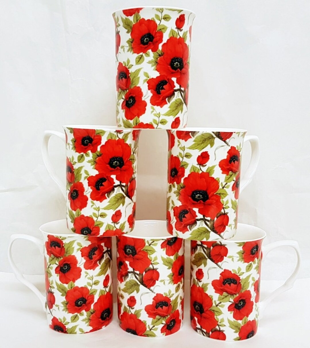 Red Poppy Mugs Set of 6 Fine Bone China Cups Hand Decorated in UK - Etsy UK