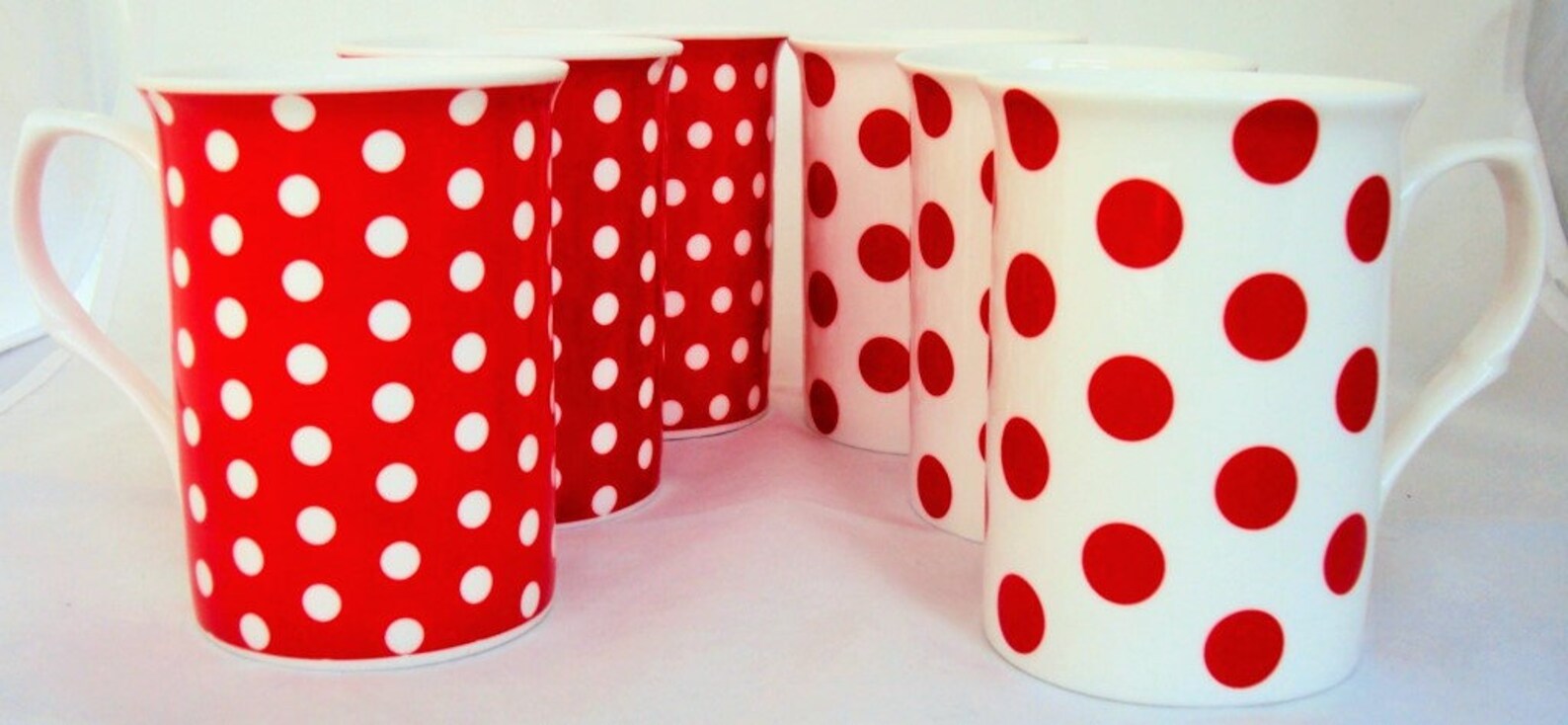 Red Dots & Spots Mugs Set of 6 Fine Bone China 300 Ml Spotty Cups Hand ...