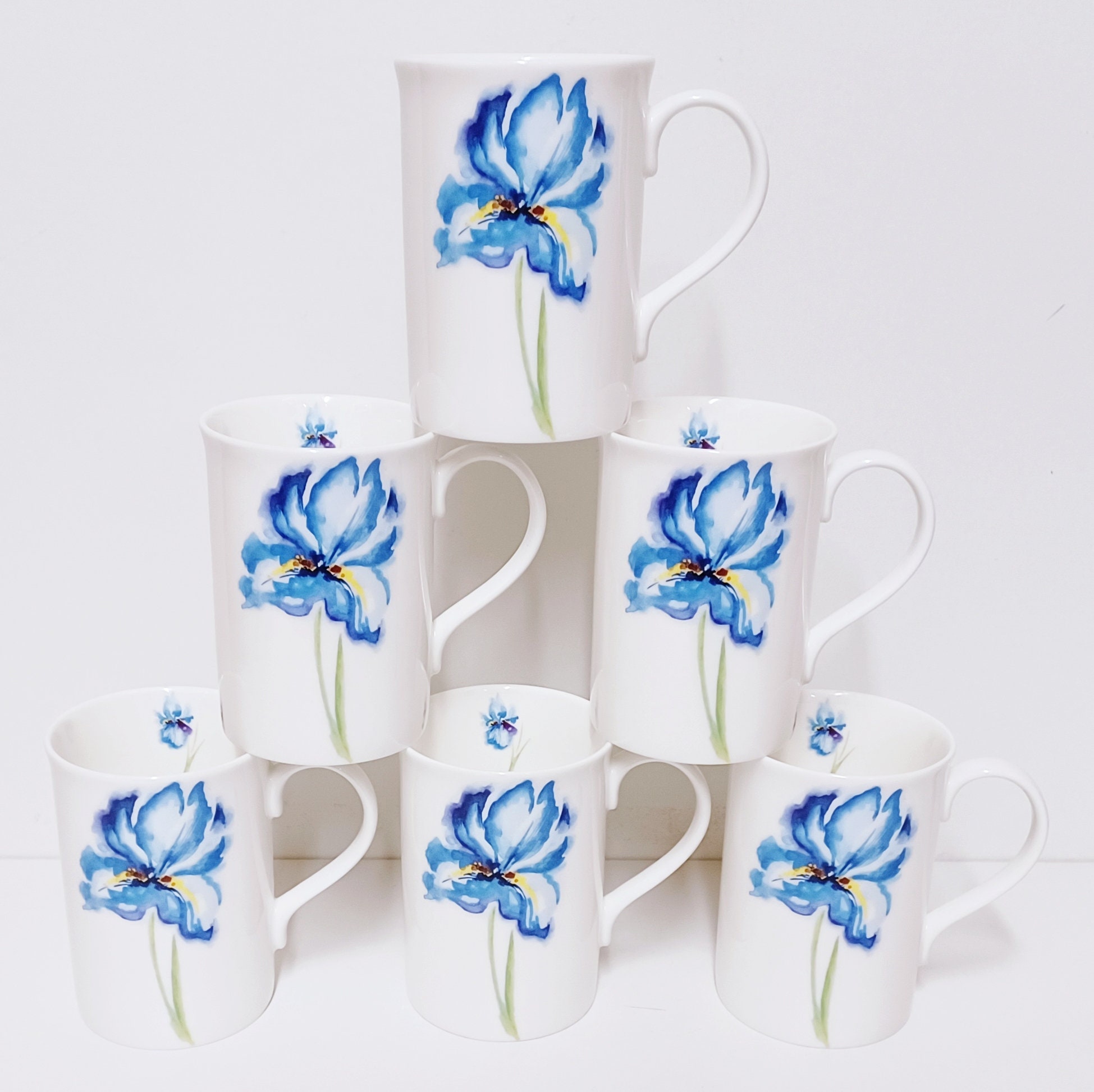 Blue Iris Mugs Bone China Set of 6 Lovely Floral Watercolour 300 Ml ...