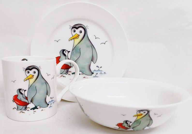 Penguins Go Swimming Breakfast Set 3 Piece Fine Bone China Kids ...