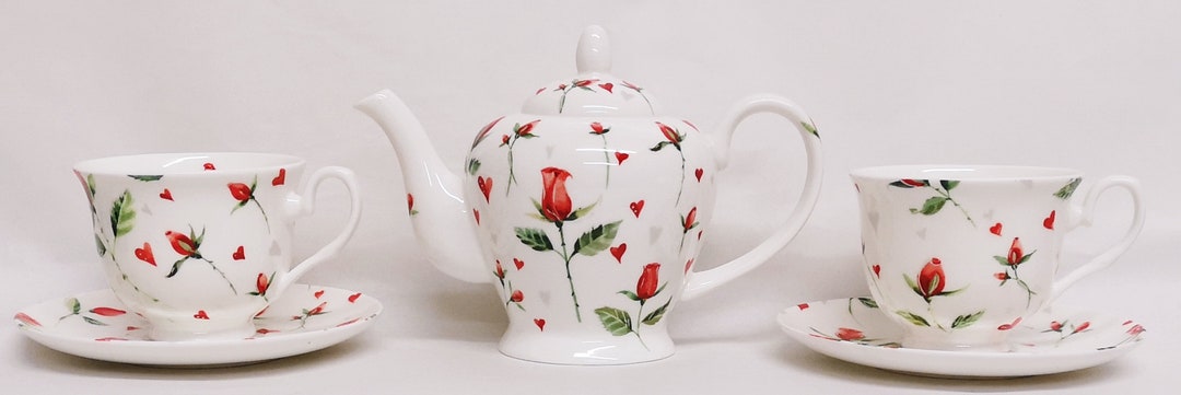 Hearts & Red Roses Tea Set for Two Fine Bone China 1 Teapot 2 Cups and ...
