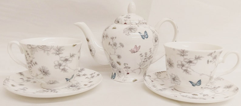 Secret Garden Tea Set for Two Fine Bone China Flowers Butterflies Bees ...