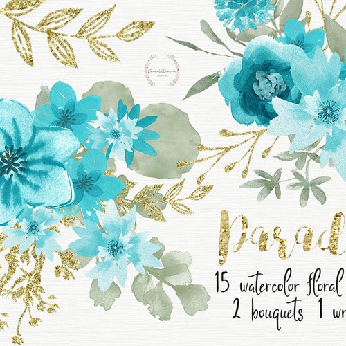 Aqua Blue Watercolor Floral Clipart Light Blue Pastel Flowers | Etsy