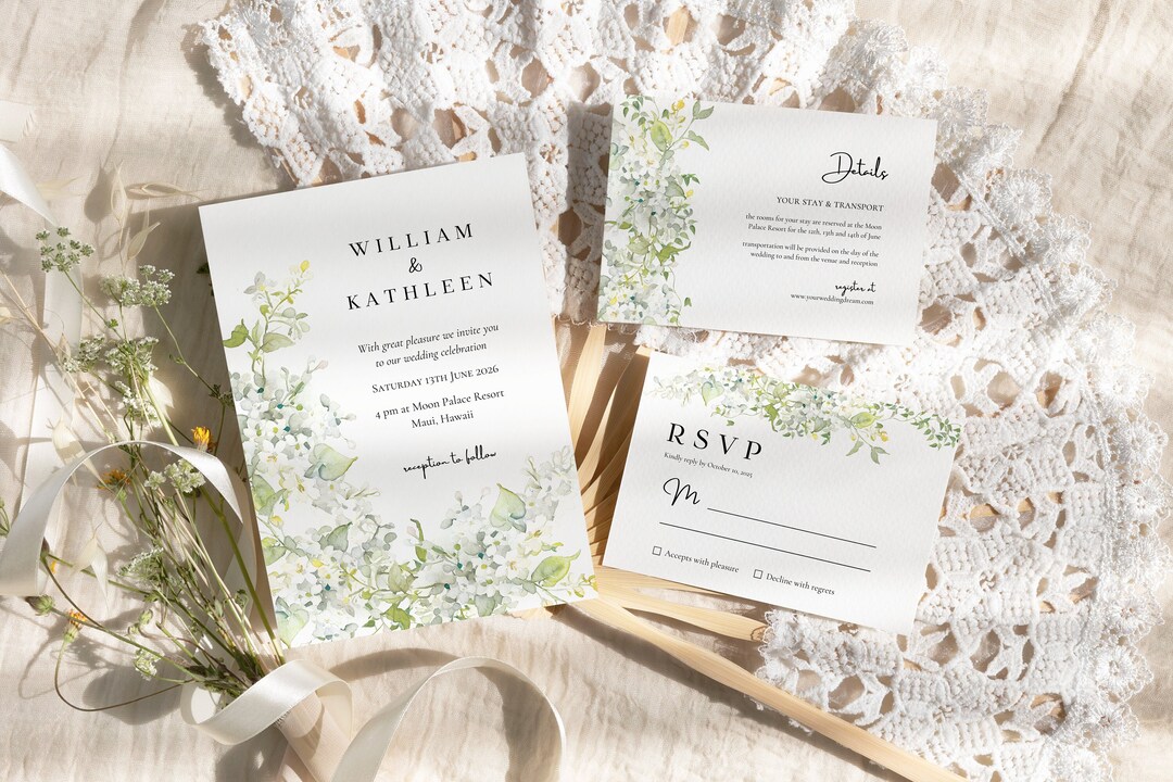 White Wild Flowers Invitation Set Template, Watercolor Invitation Set ...