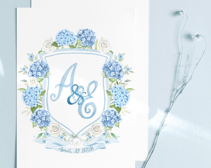 Cream, White, and Green Hydrangea Wedding Crest | Custom Monogram ...