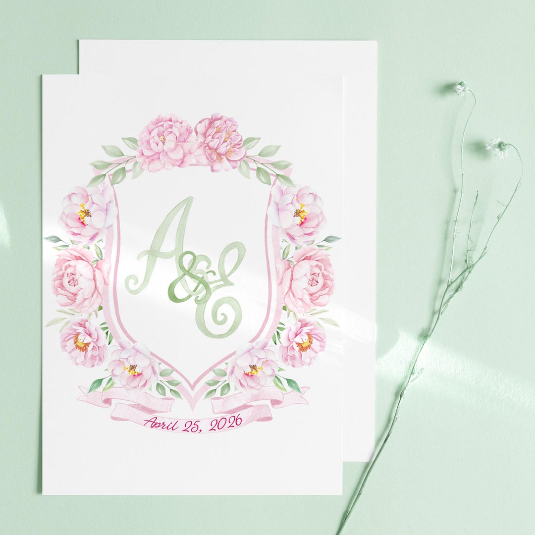 Pink Peony Wedding Crest, Watercolor Crest, Wedding Monogram, Pink ...