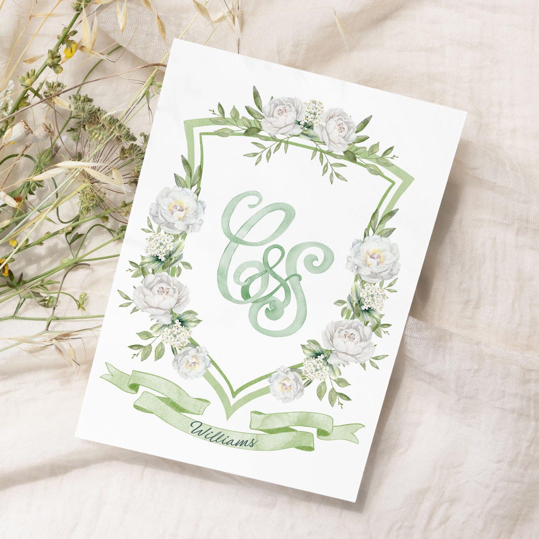 White Peony Crest Design, Custom Crest, Custom Monogram, Floral Crest ...