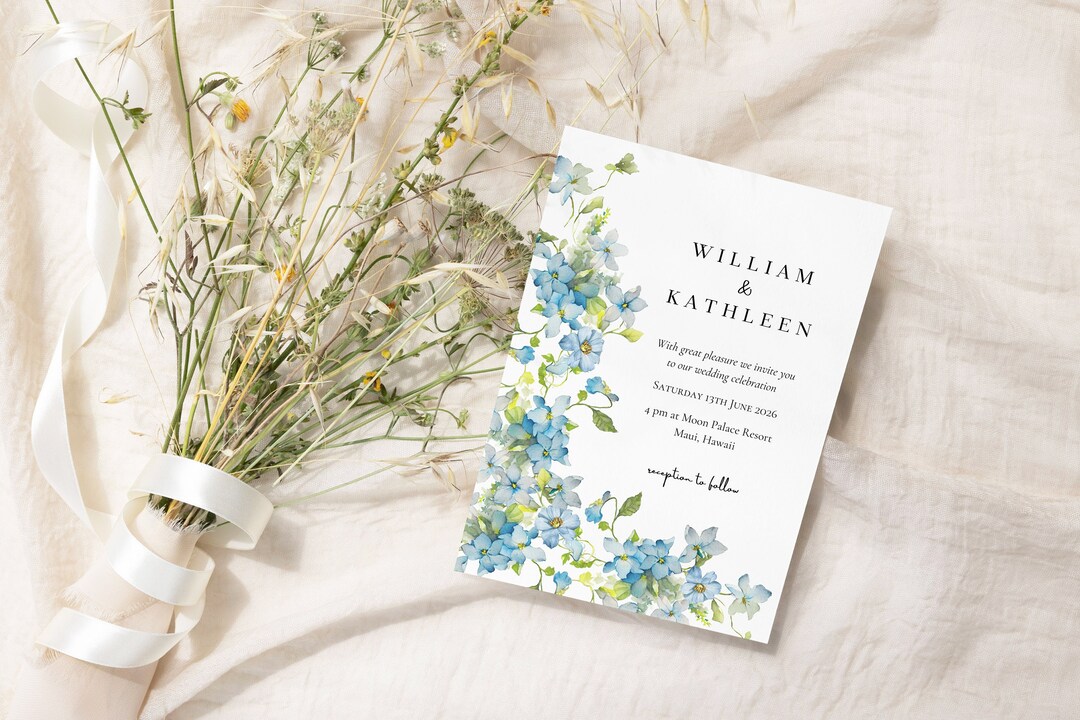 Blue Flowers Invitation Template,watercolor Invitation Design,wedding ...