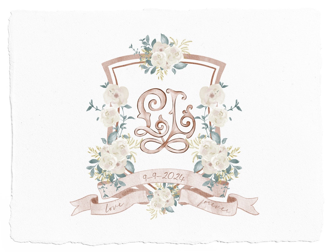 White Roses Crest, Wedding Crest,wedding Gift, Monogram, Watercolor ...