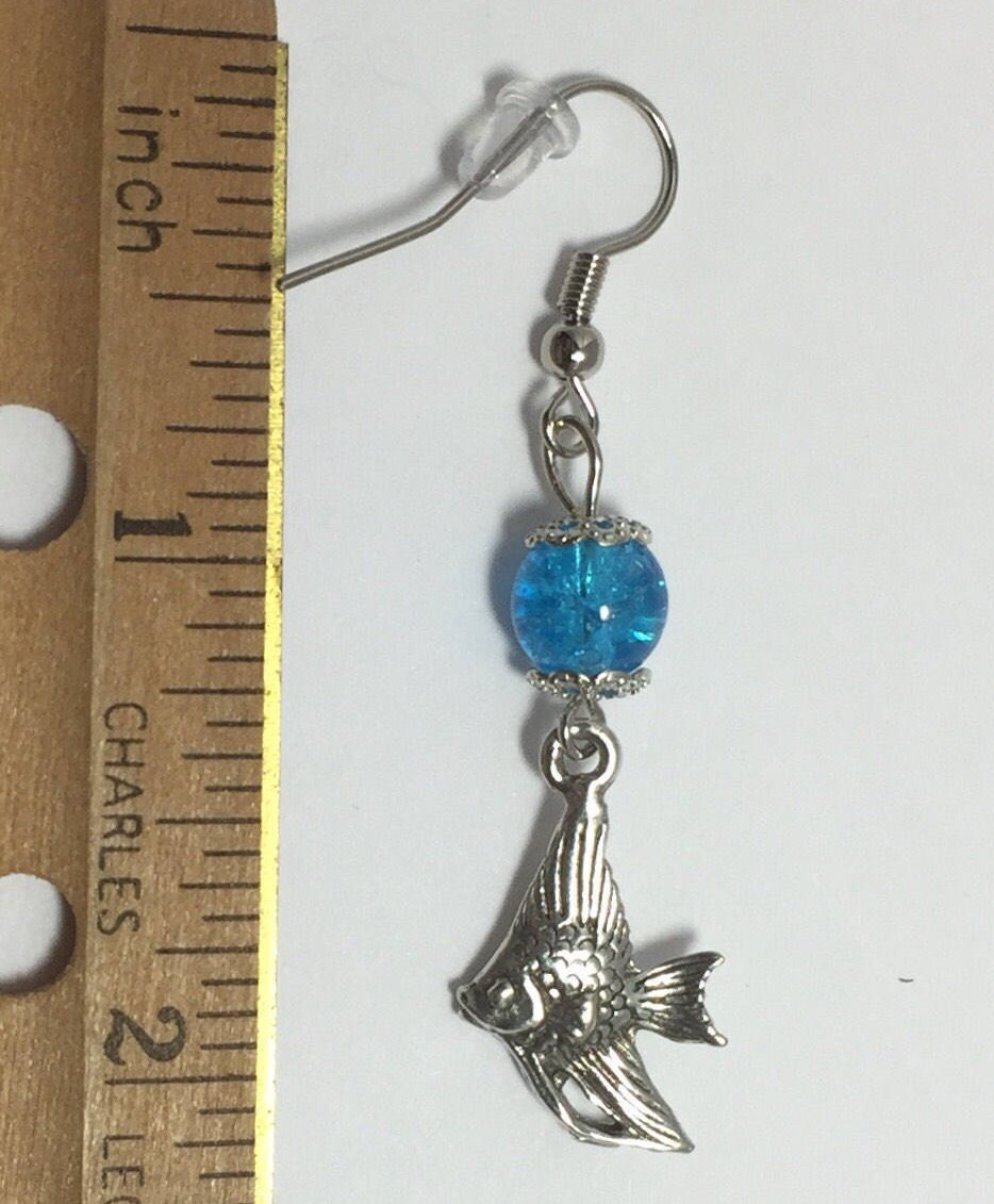 Nothing Fishy! Silver Plated Dangle Fish Earrings With Blue Glass Stone ...