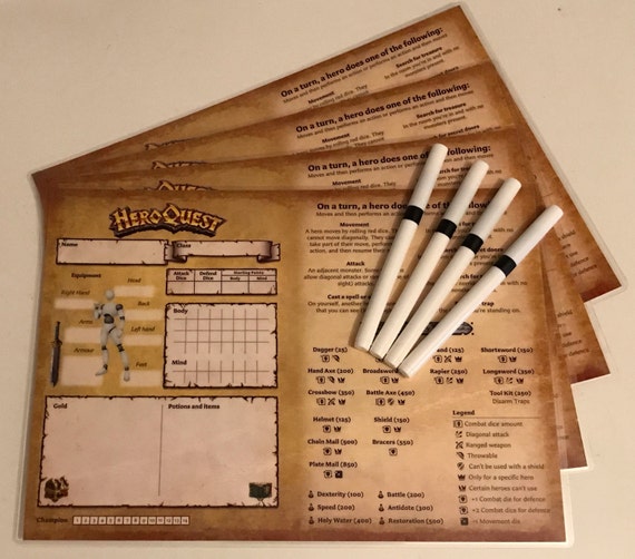 Heroquest Set of Four Reusable Character Sheets With Pens | Etsy