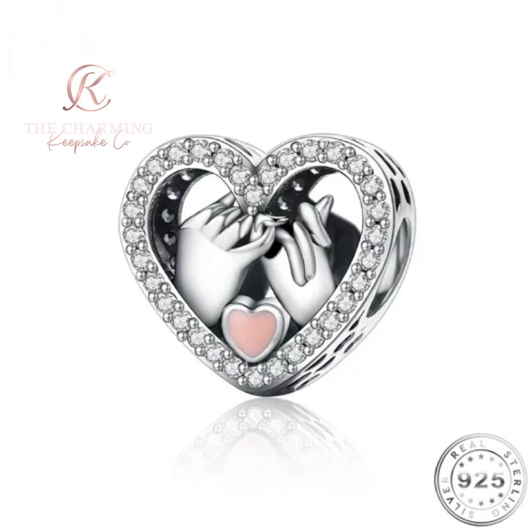 Holding Hands Love Heart Charm Genuine 925 Sterling Silver - Pinky ...